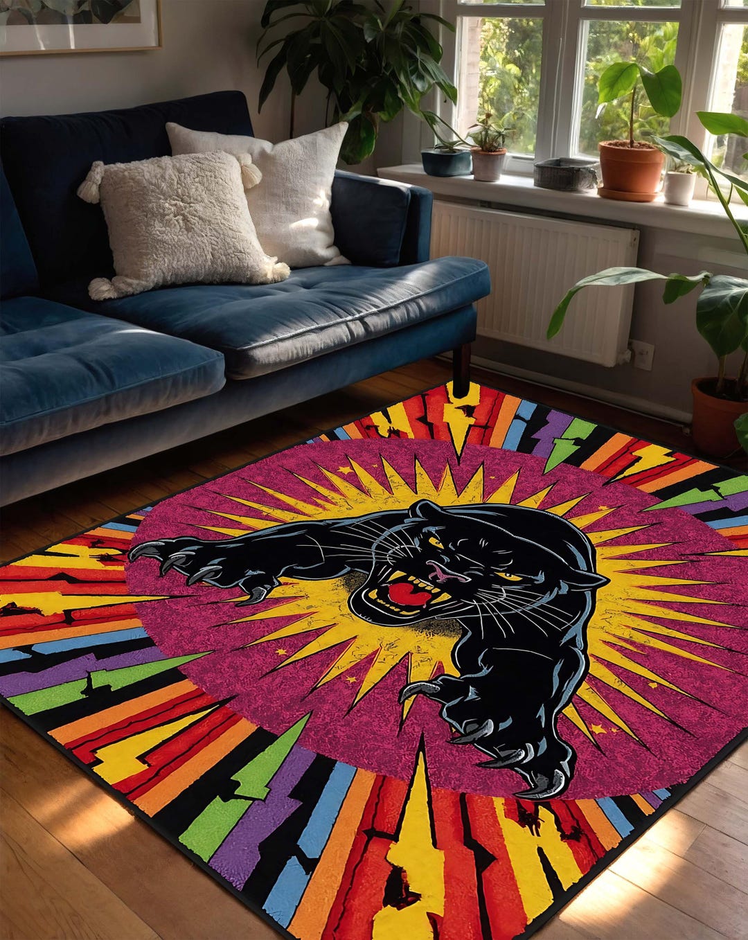 Retro Tattoo Panther Rug, Vibrant Pop Art Carpet, Flash Style Lightning ...