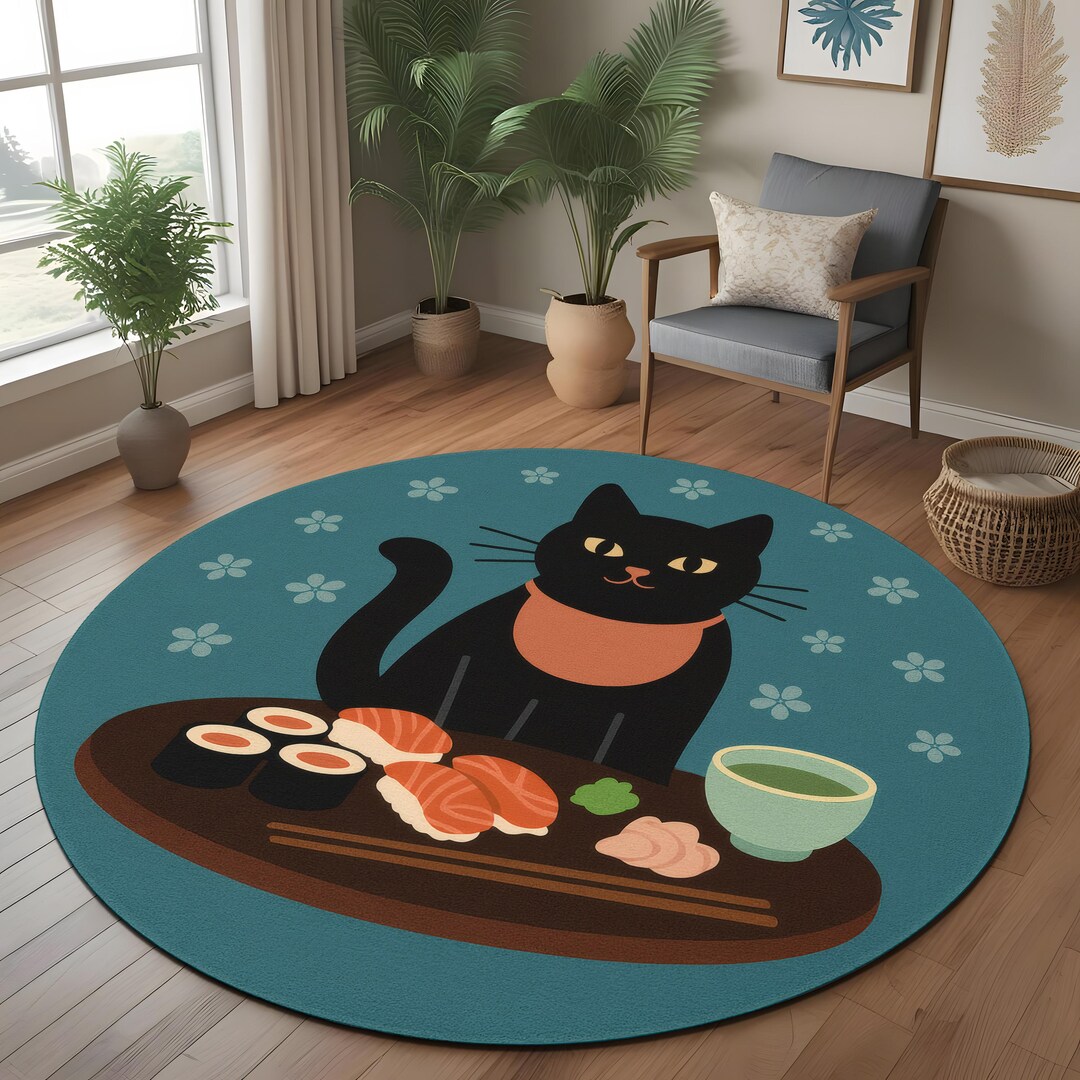Whimsical Sushi Cat Rug: Black Cat With Japanese Food on Blue Round ...