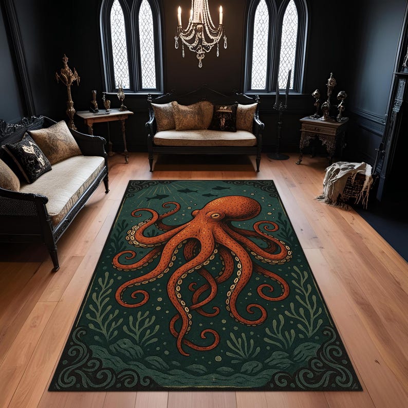 Octopus Gothic Rug, Kraken Sea Creature Rug, Dark Nautical Marine Rug ...