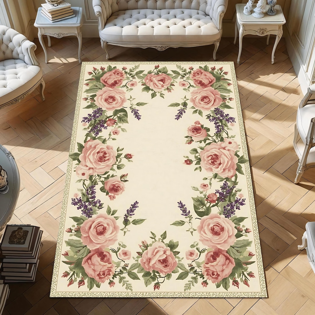 Châteaucore French Floral Rug, Cottagecore Rose Carpet for Living Room ...