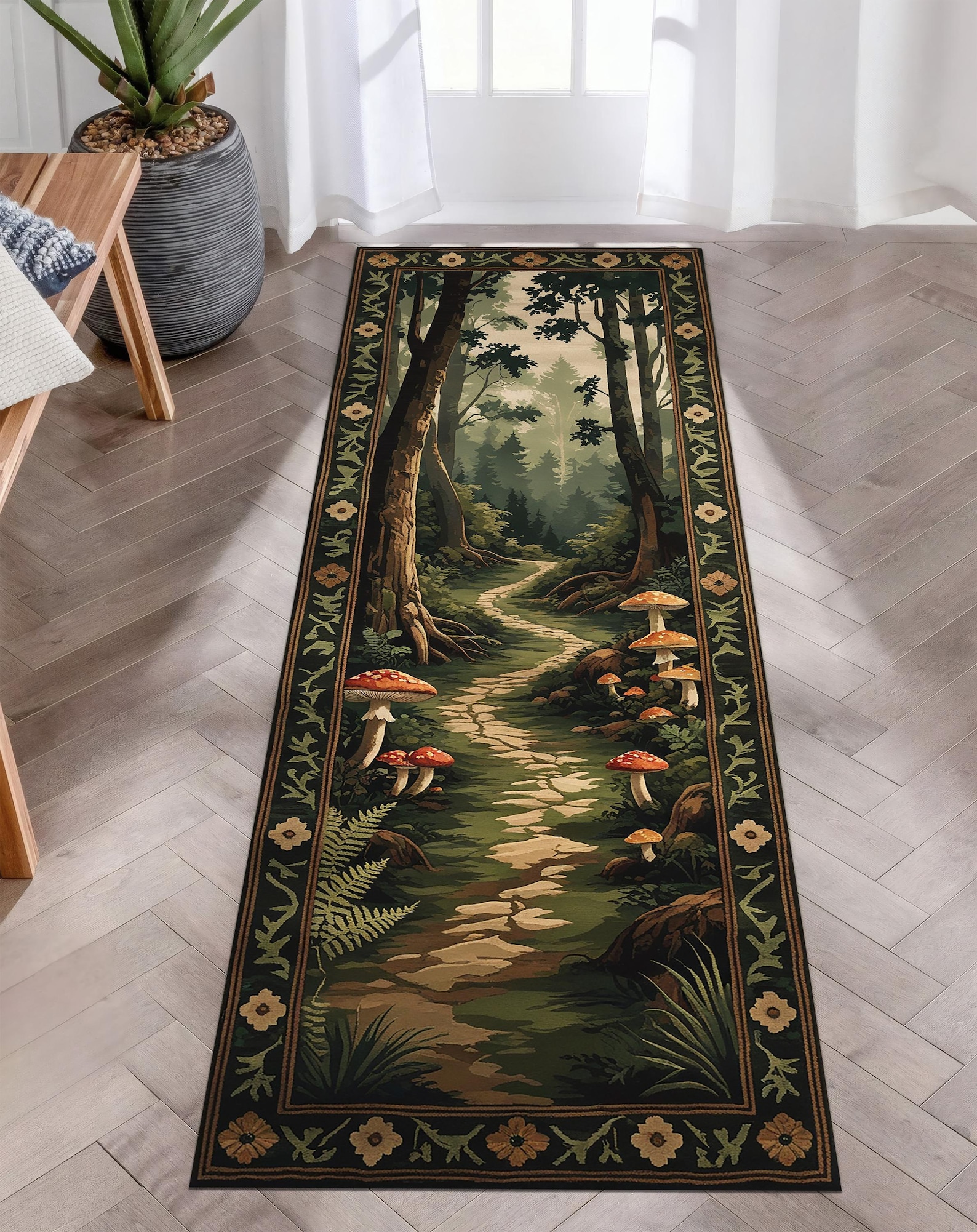 Mushroom Forest Runner Rug, Cottagecore Woodland Path Carpet, Whimsical ...