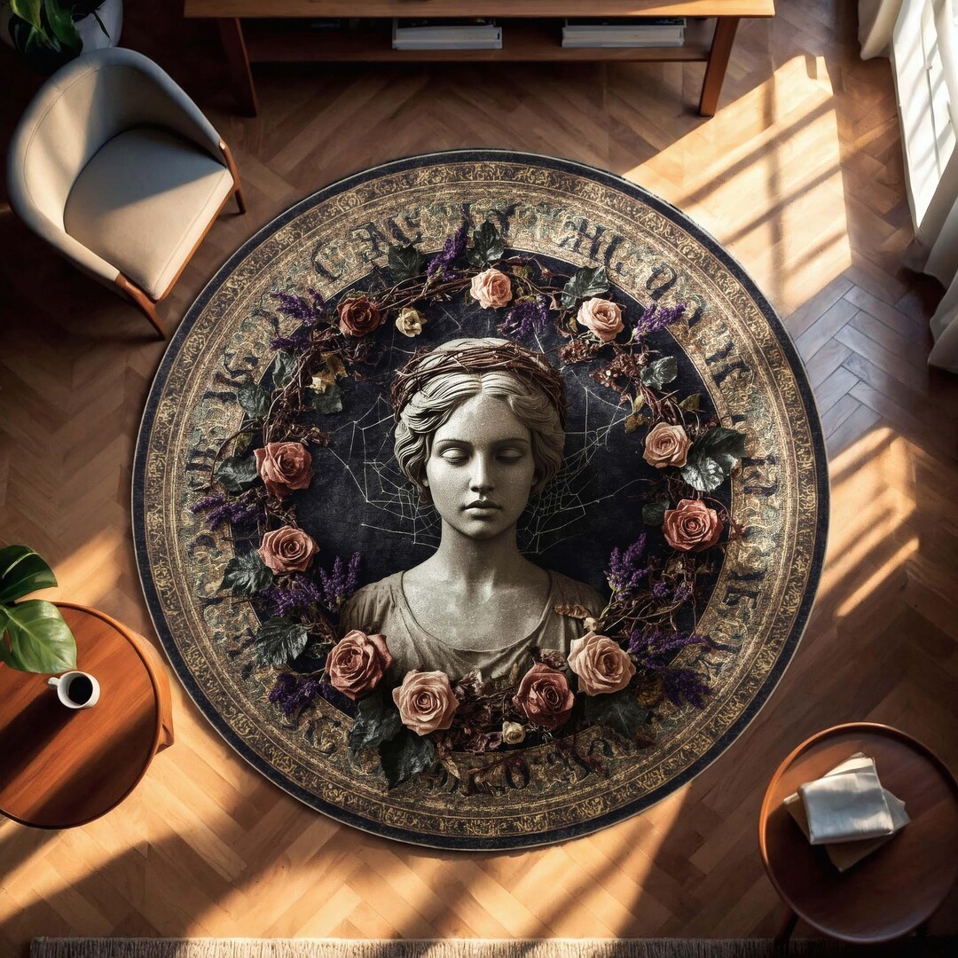 Gothic Statue Round Rug | Antique Bust With Dried Roses & Ornate Golden ...