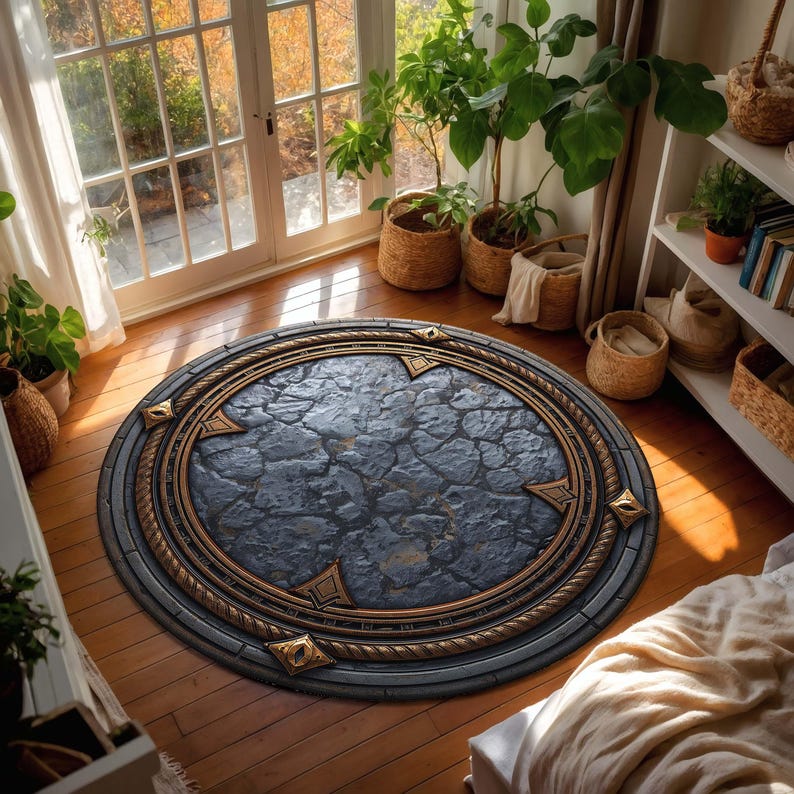 Round Stone Texture Rug With Antique Gold Accents, Medieval Fantasy ...