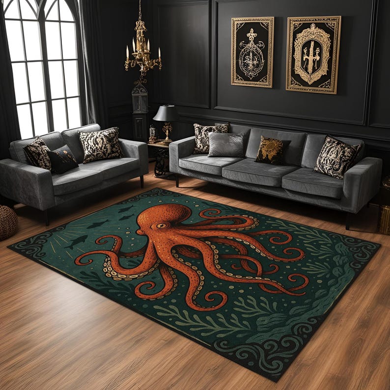 Octopus Gothic Rug, Kraken Sea Creature Rug, Dark Nautical Marine Rug ...