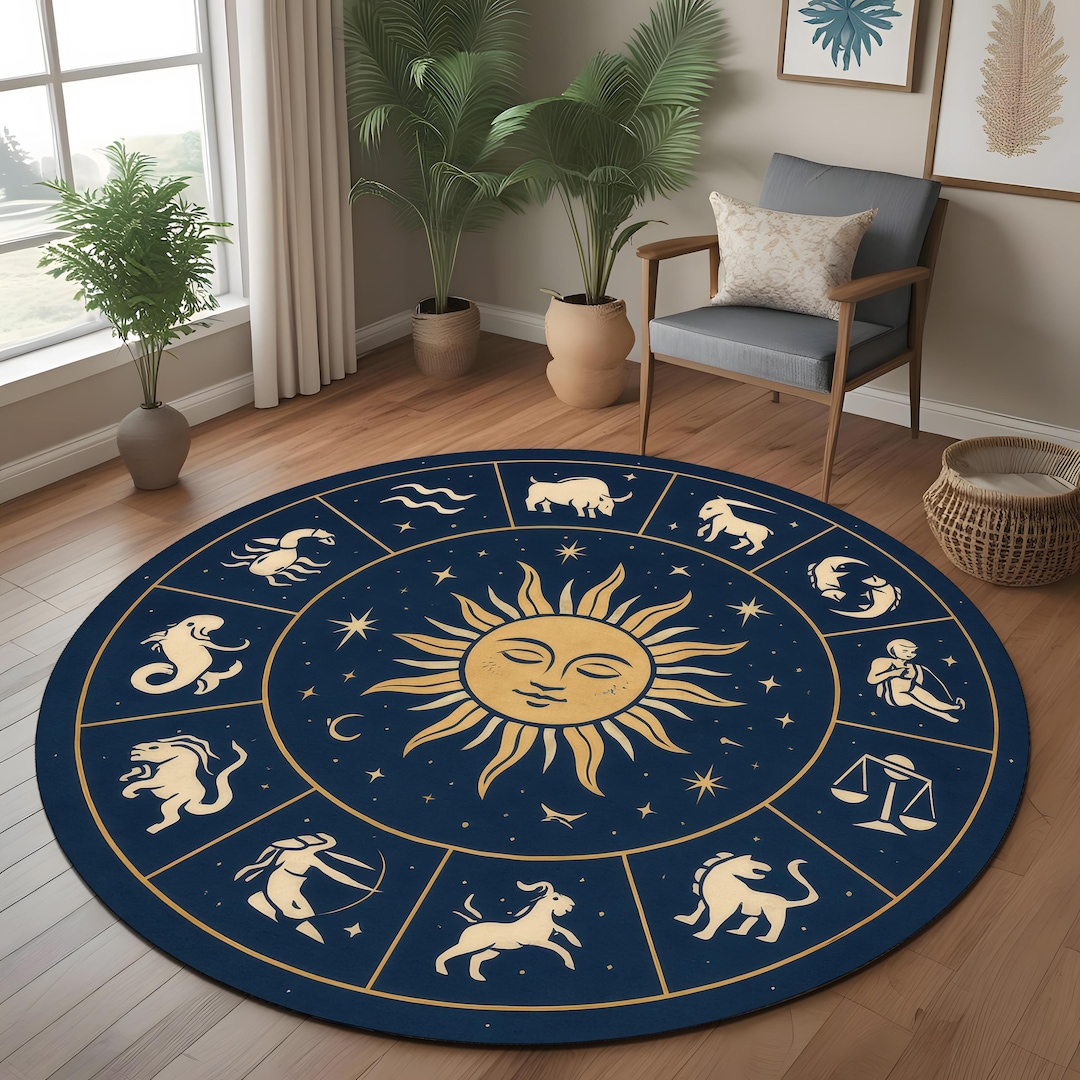 Zodiac Circle Rug: Round Astrological Carpet With 12 Horoscope Signs ...
