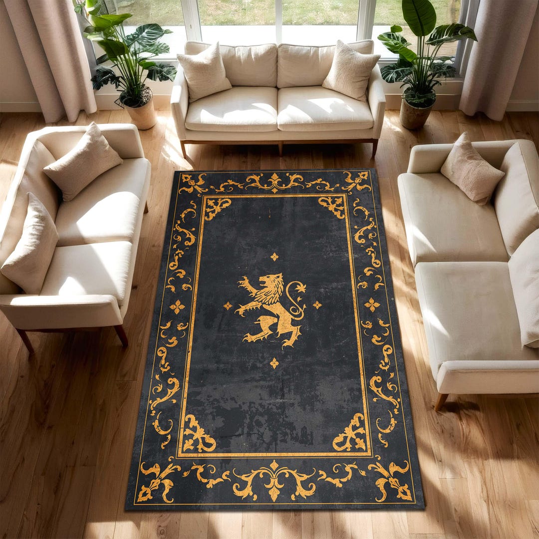 Medieval Lion Crest Area Rug in Black and Gold – Gothic Heraldry Design ...