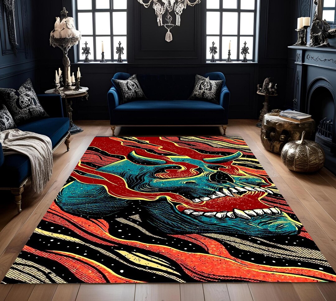 Flaming Demon Skull Rug, Punk Rock Gothic Carpet, Psychedelic Skull ...