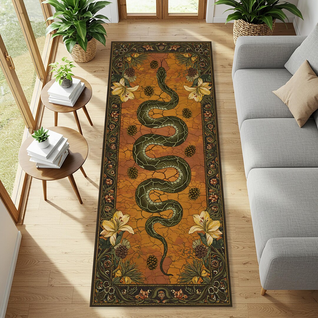 Snake Runner Rug, Coiled Serpent on Cracked Soil With Wild Pine Florals ...
