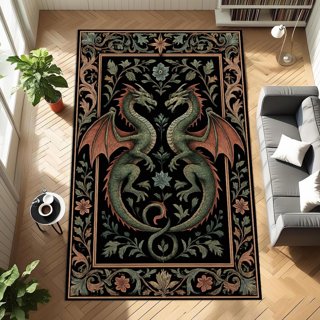 Double Dragon Gothic Rug, Medieval Heraldic Twin Dragons Carpet, Black ...
