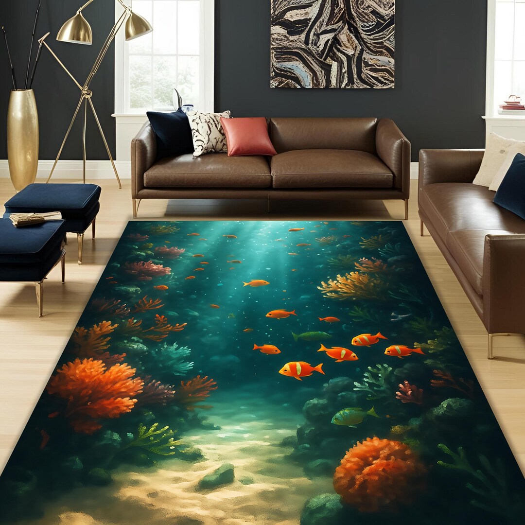 Underwater Coral Reef Rug, Colorful Fish and Ocean Floor Scene Carpet ...