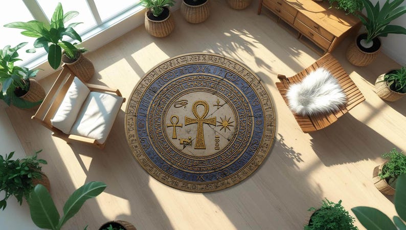 Ancient Egyptian Ankh Rug, Round Esoteric Carpet With Eye of Horus and ...
