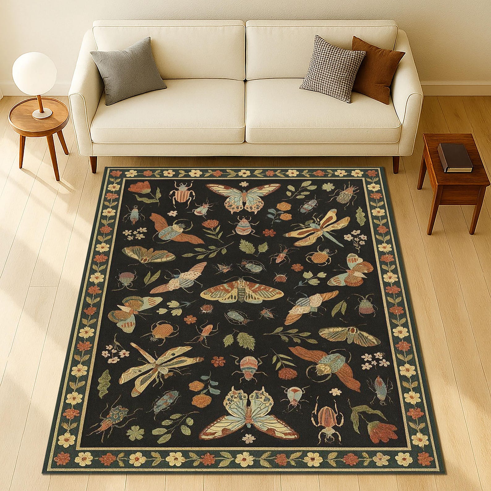 Vintage Insect Butterfly Rug, Botanical Nature Carpet With Bugs, Dark ...