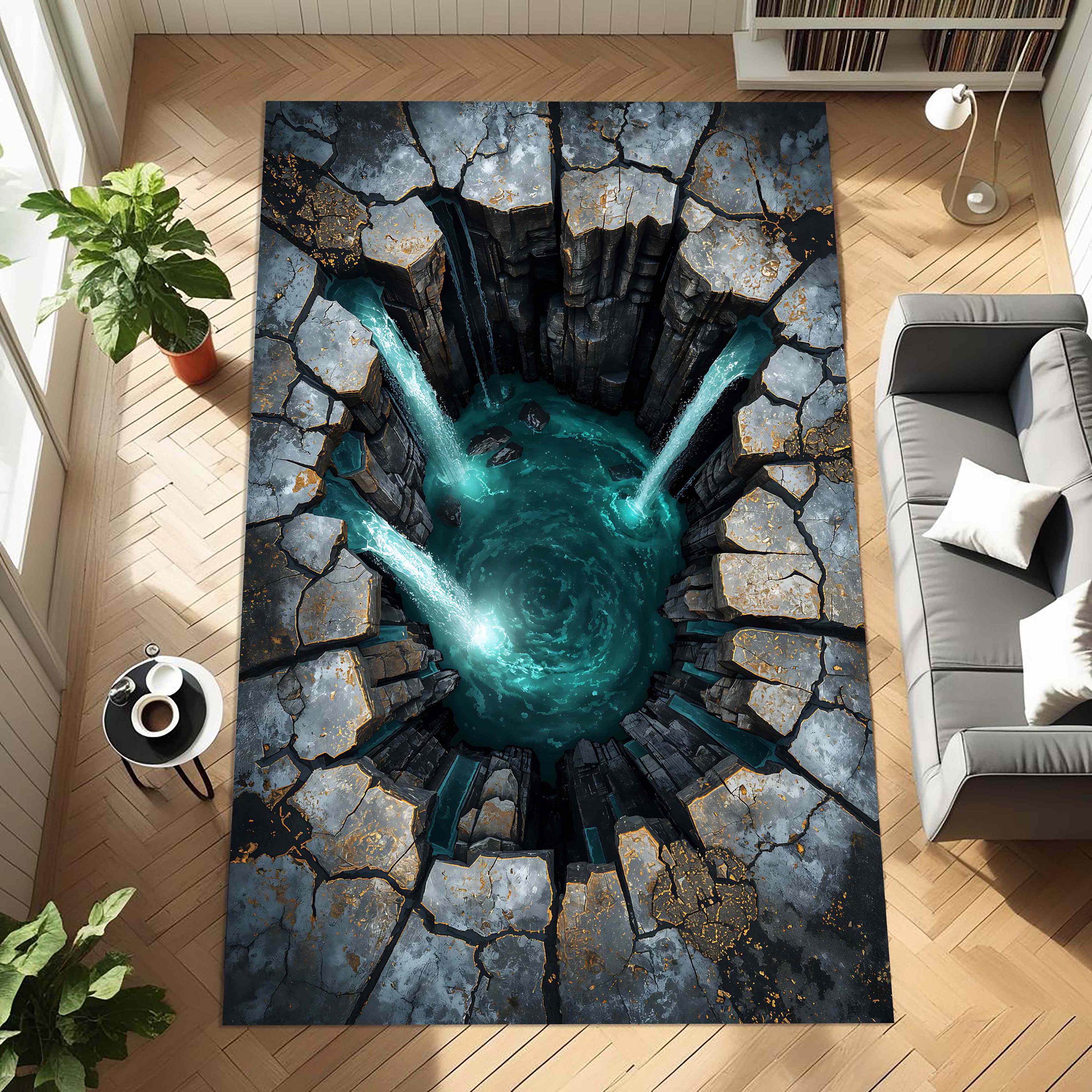 3D Waterfall Rug With Cracked Stone Illusion Design, Realistic Floor ...
