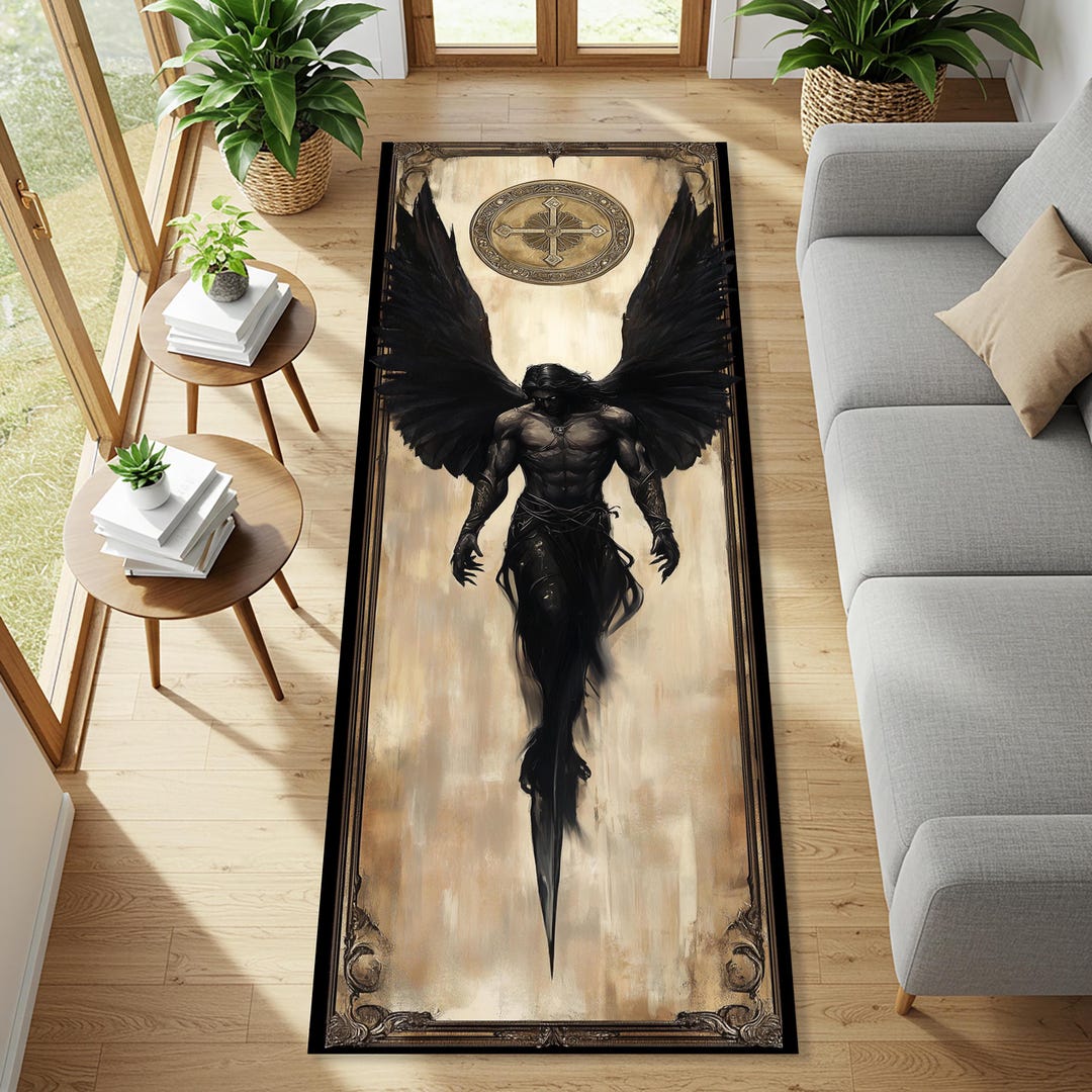 Fallen Angel Gothic Runner Rug, Dark Fantasy Black Winged Archangel ...