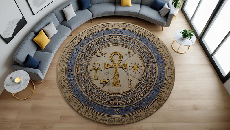Ancient Egyptian Ankh Rug, Round Esoteric Carpet With Eye of Horus and ...