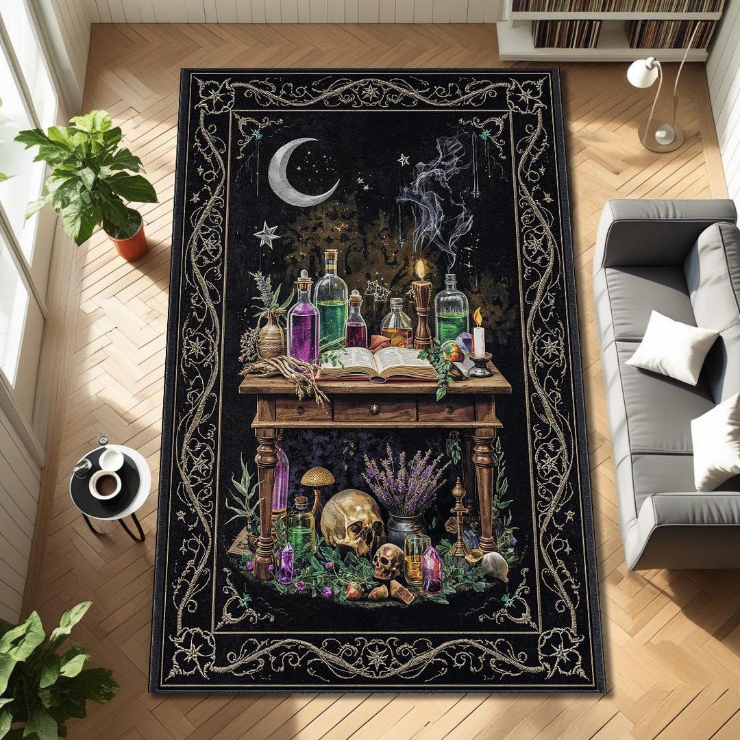 Witchcraft Altar Rug With Potion Bottles, Books and Skull, Occult ...