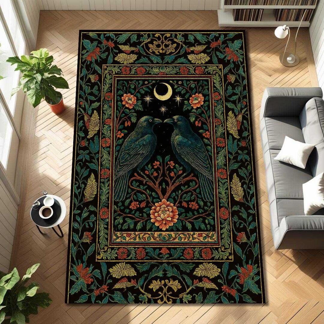 Woodland Raven Botanical Rug: Gothic Nature Decor With Crescent Moon ...