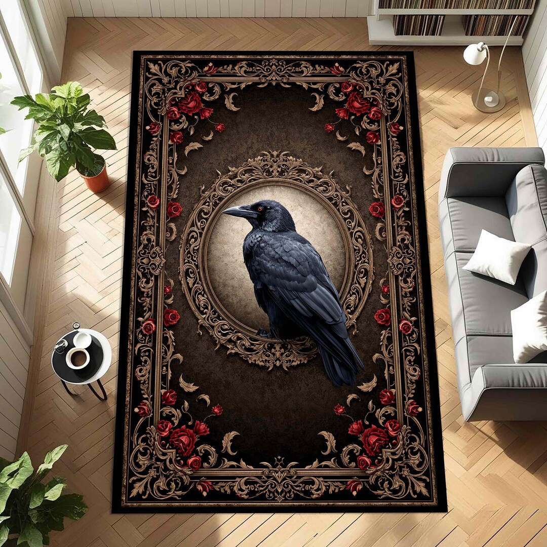 Gothic Raven Rose Rug, Victorian Ornate Frame Carpet, Dark Academia ...