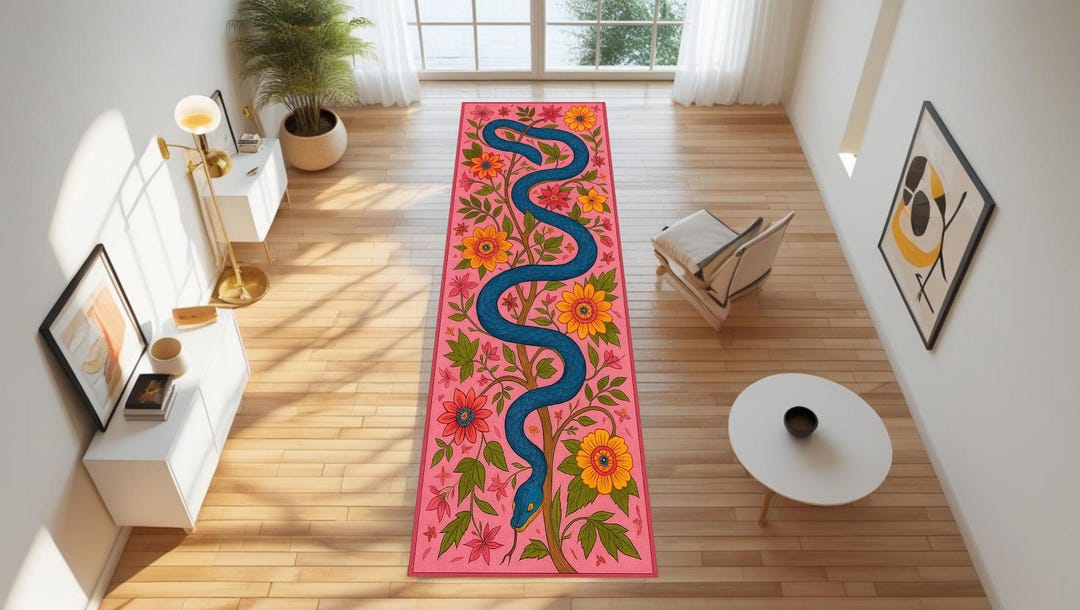 Pink Snake Floral Runner Rug, Boho Botanical Hallway Carpet, Whimsical ...