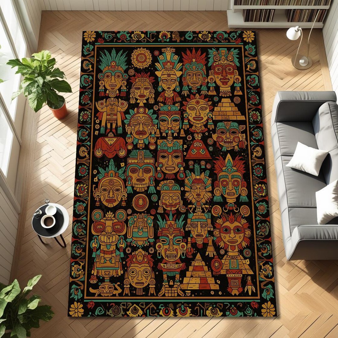 Aztec Tribal Rug With Ancient Symbol Pattern and Colorful Ethnic Design ...