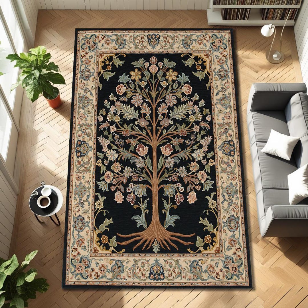 Tree of Life Rug, Ornate Botanical Tree on Dark Background With Floral ...