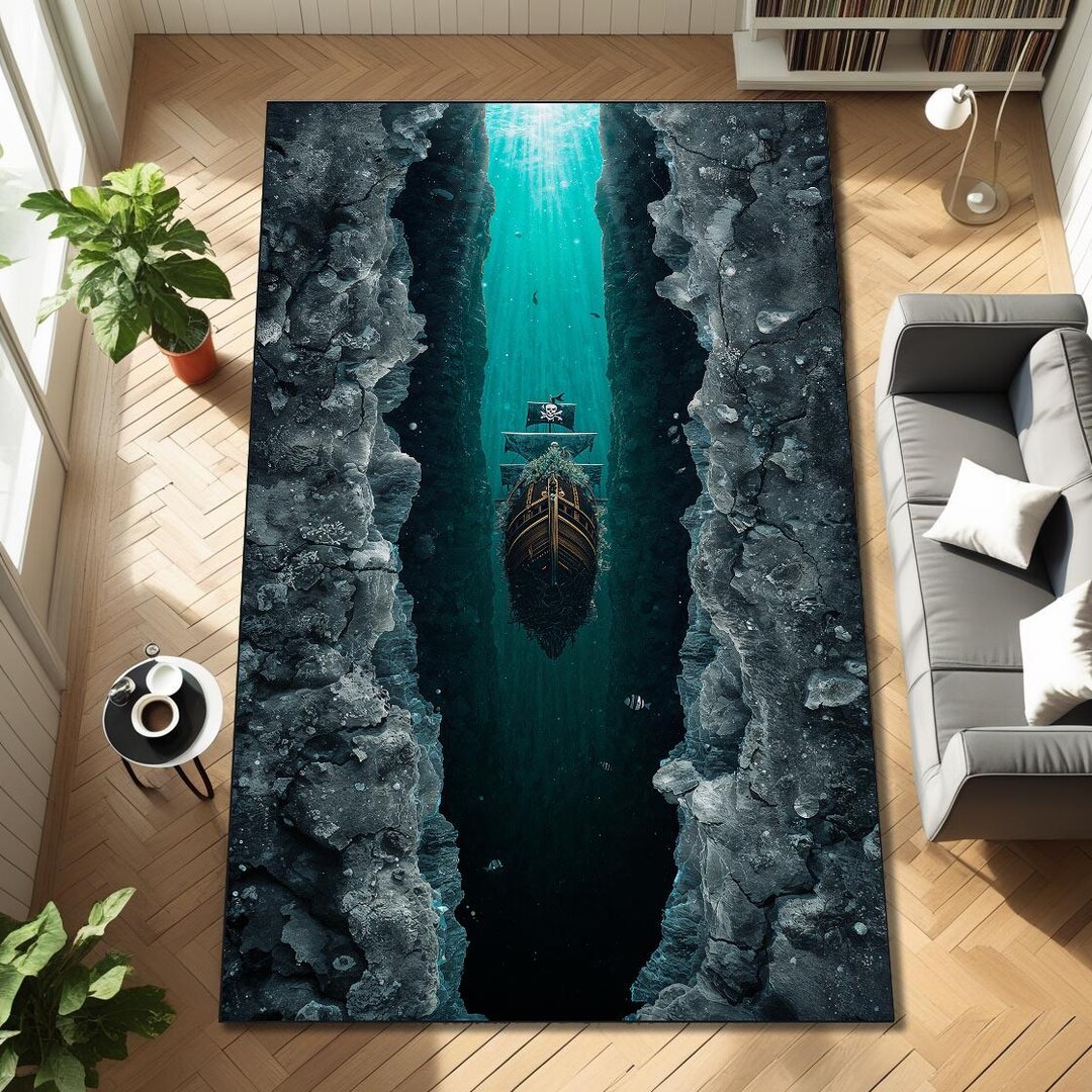 Underwater Shipwreck Abyss Rug, Teal Ocean Trench Pirate Ship Carpet ...