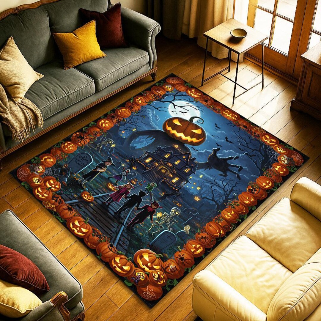 Halloween Graveyard Rug, Haunted House Carpet With Pumpkin Monsters and ...