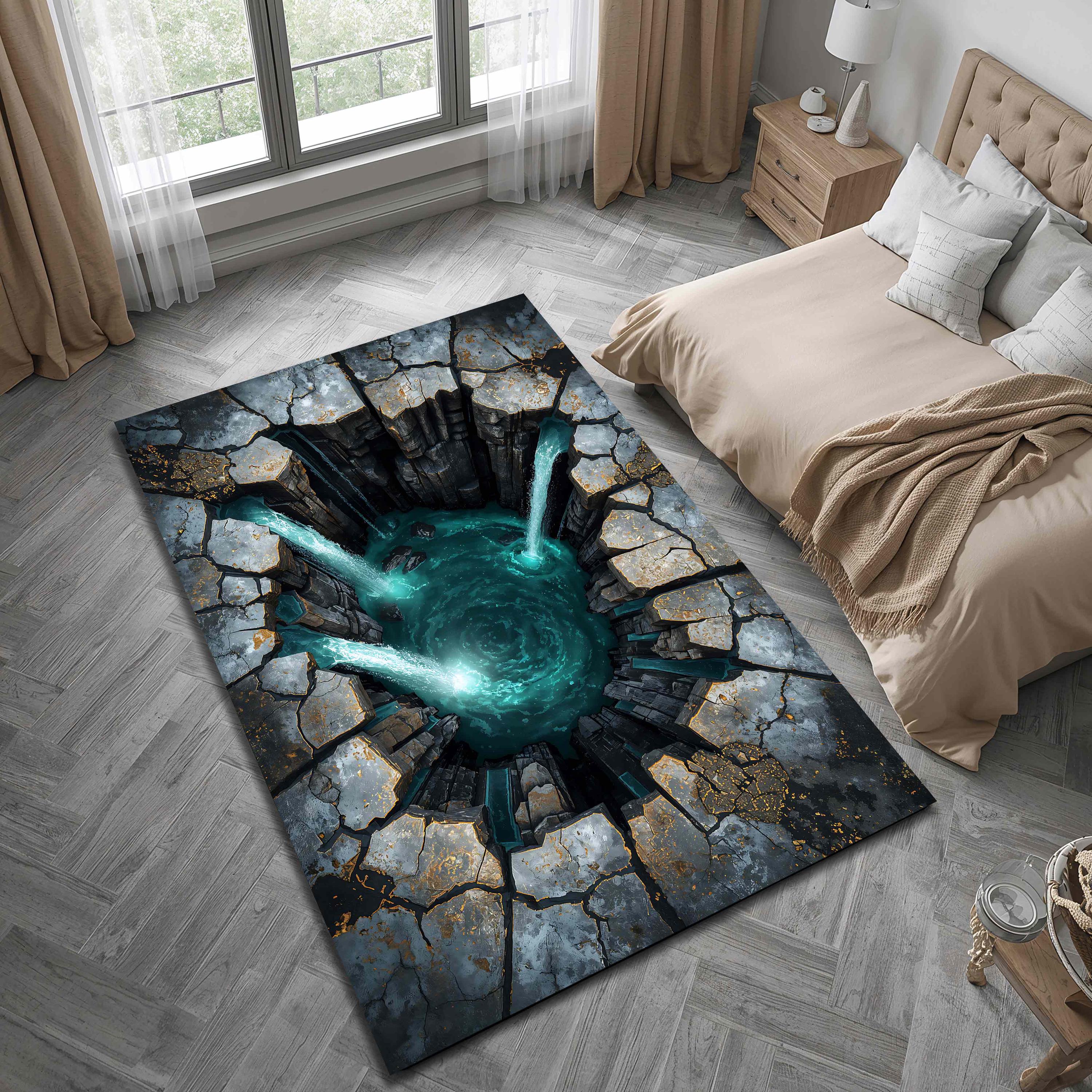 3D Waterfall Rug With Cracked Stone Illusion Design, Realistic Floor ...