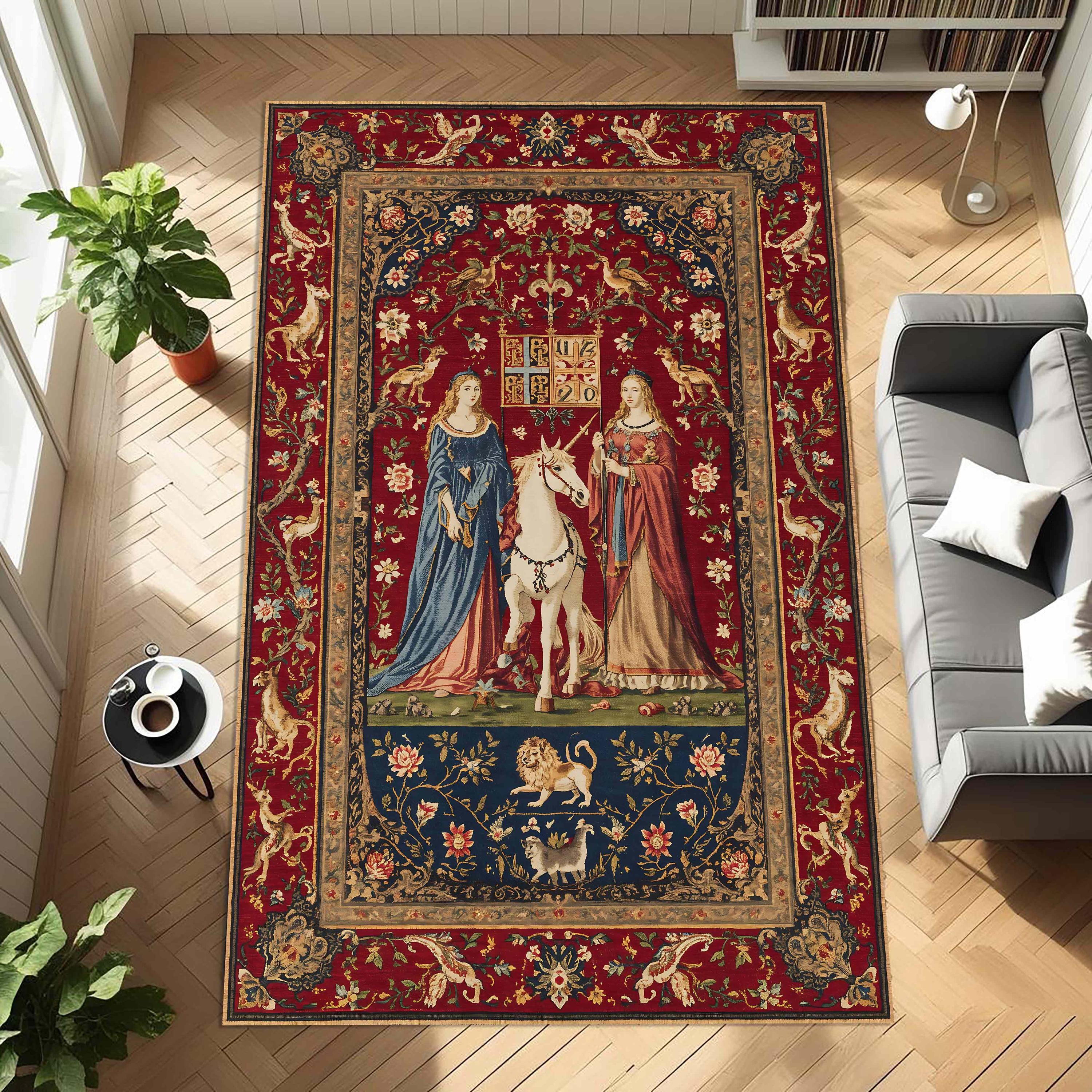 Medieval Unicorn Tapestry Rug & Lady and Lion Design, Vintage ...