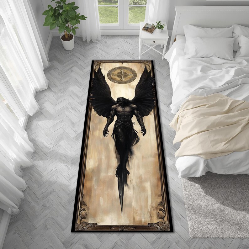 Fallen Angel Gothic Runner Rug, Dark Fantasy Black Winged Archangel ...