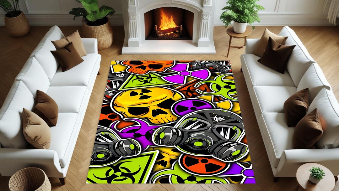 Toxic Gamer Room Rug – Neon Gas Mask and Skull Carpet With Radioactive ...