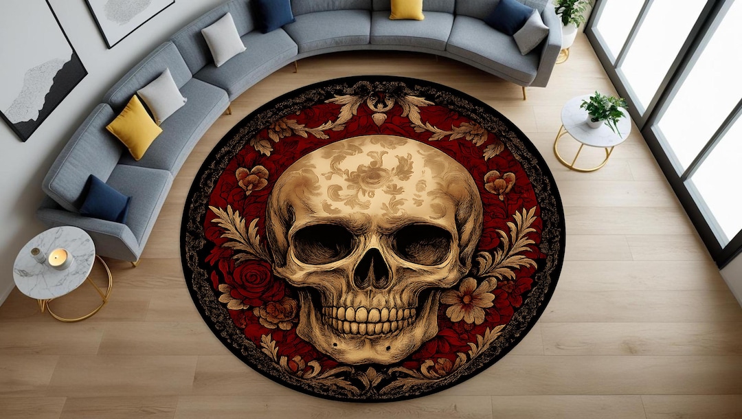 Gothic Skull Round Rug, Baroque Floral Circle Carpet, Dark Aesthetic ...