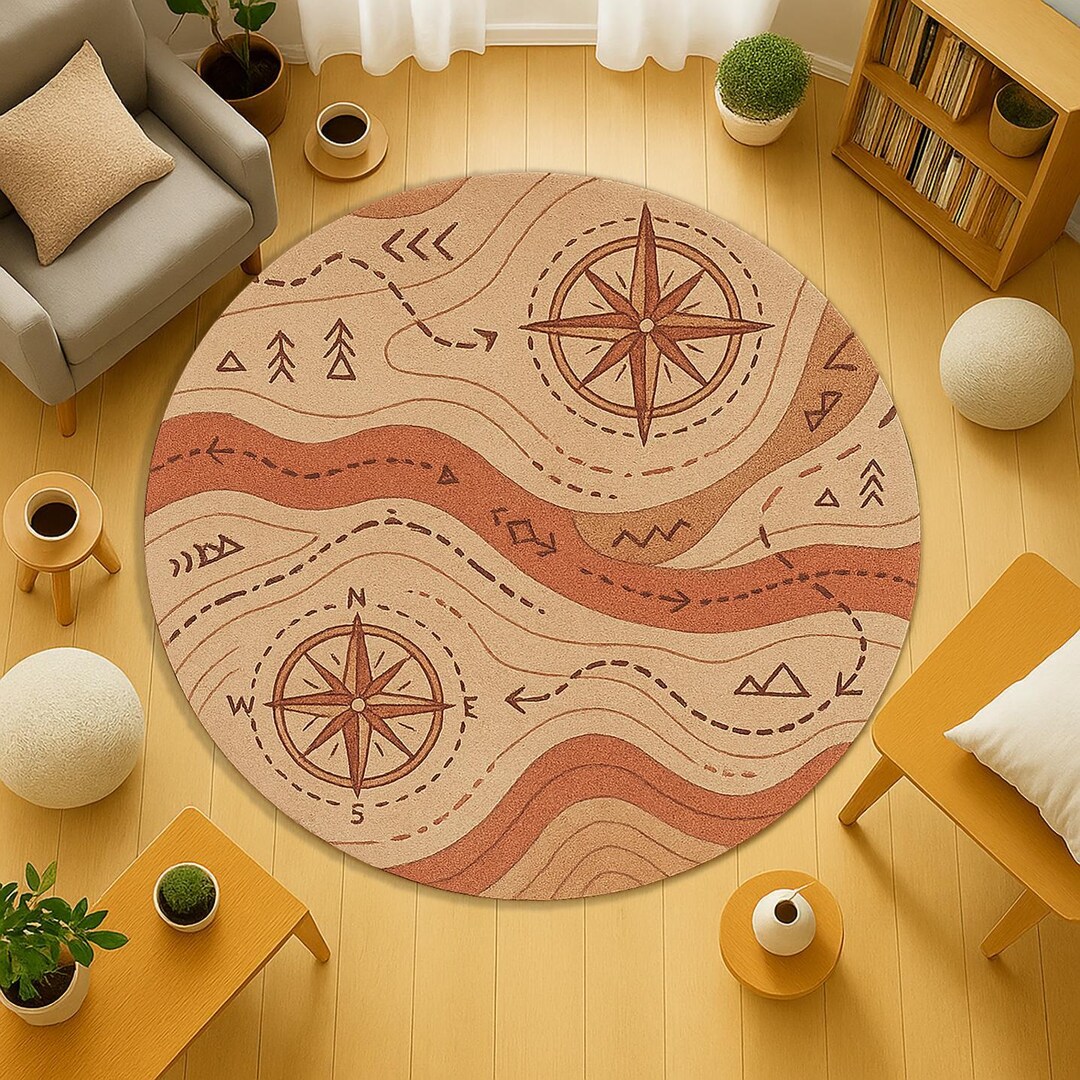 Adventure Compass Round Rug, Explorer Map Inspired Circle Carpet, Boho ...