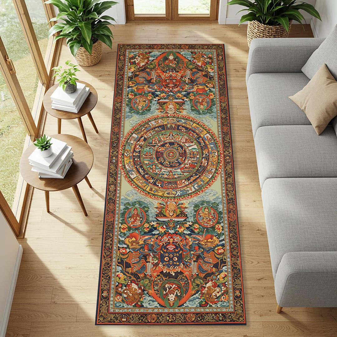 Buddhist Mandala Runner Rug, Sacred Wheel of Life With Guardian Deities ...