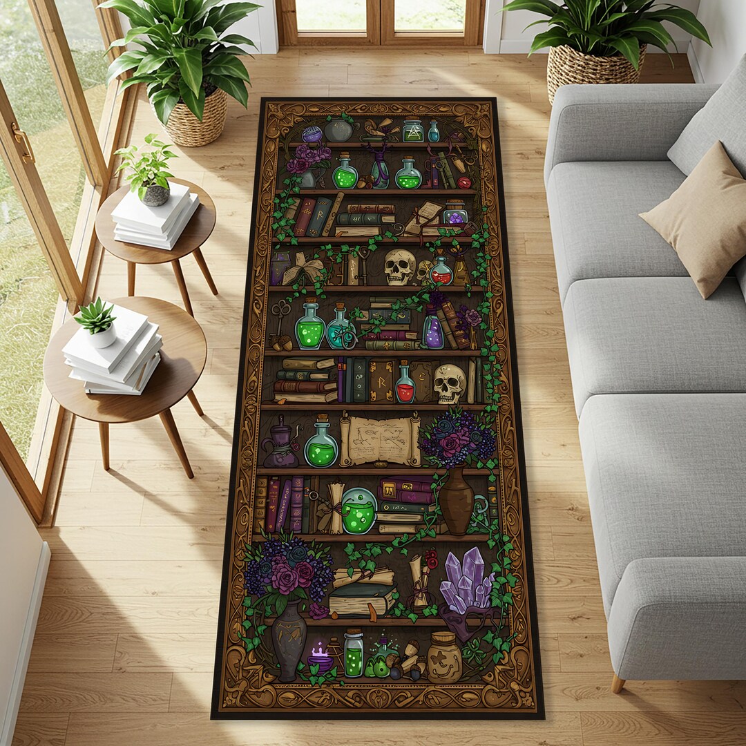 Witch Shelf Runner Rug, Potion Bottles and Skull Library in Dark ...