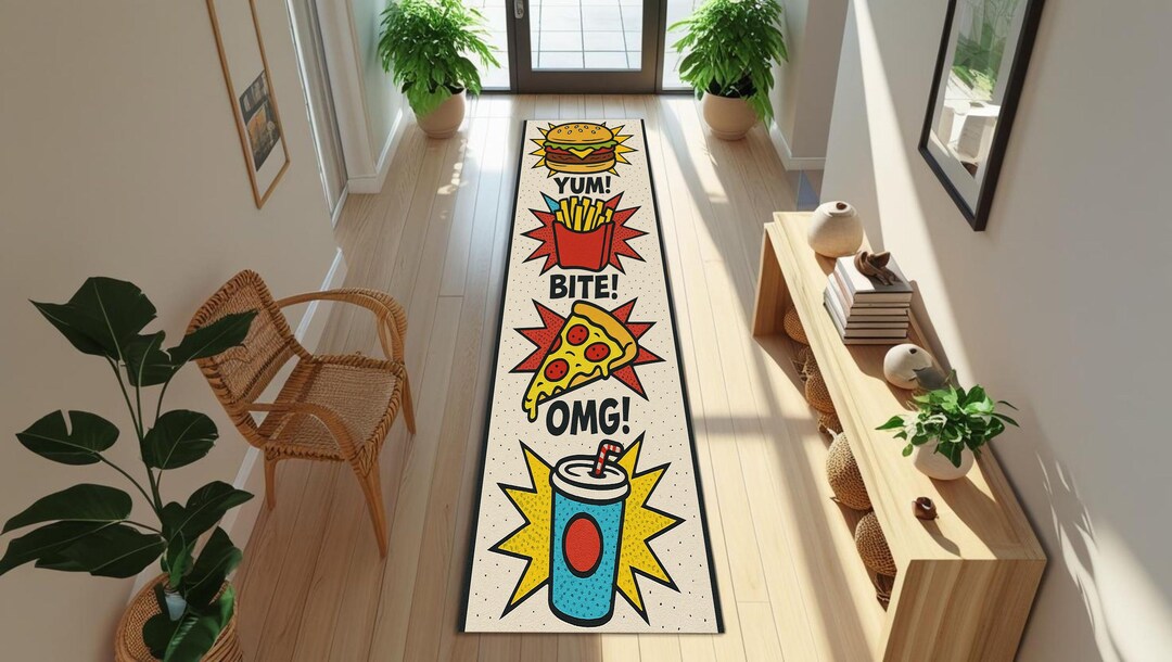 Pop Art Fast Food Runner Rug With Burger, Fries, Pizza & Soda Icons ...