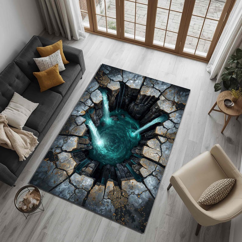 3D Waterfall Rug With Cracked Stone Illusion Design, Realistic Floor ...