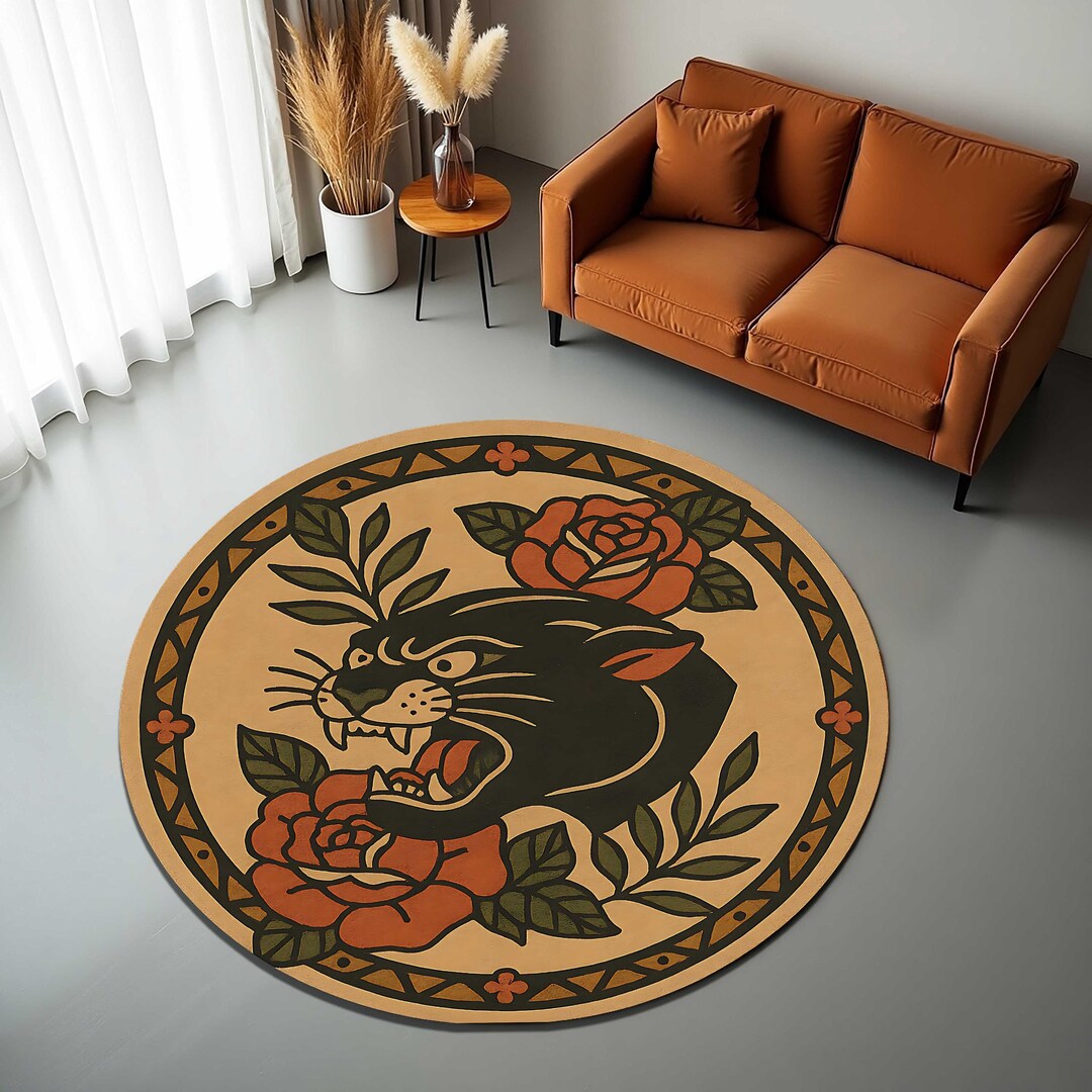 Tattoo Panther Rug in Old School Style With Red Roses, Round Retro ...