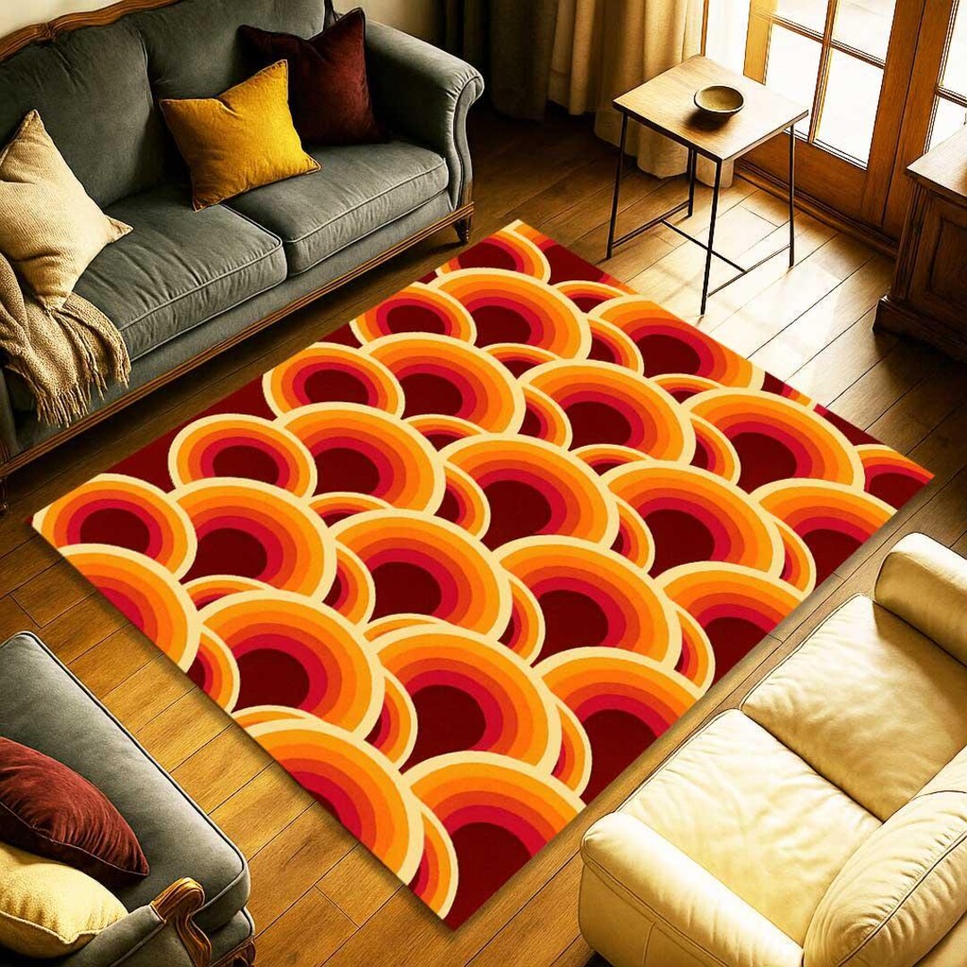 Retro Sunset Burst Rug 70s Style Abstract Wave Carpet With Warm Orange ...