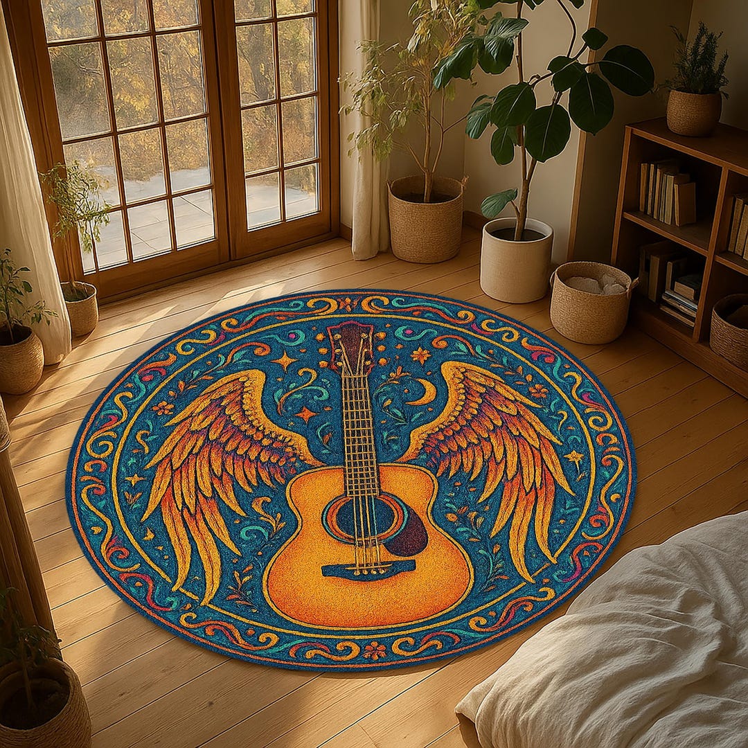 Boho Guitar Round Rug With Angel Wings and Stars, Psychedelic Music ...