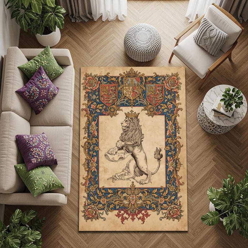 Medieval Heraldic Lion Rug With Royal Crest and Ornate Baroque Border ...