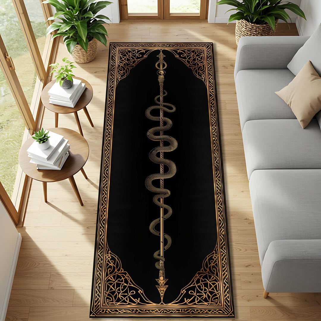 Black & Gold Snake Staff Runner Rug, Gothic Celtic Border Hallway ...