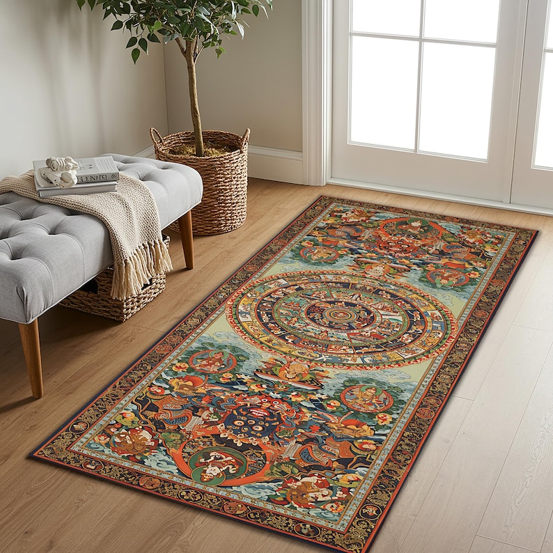 Buddhist Mandala Runner Rug, Sacred Wheel of Life With Guardian Deities ...