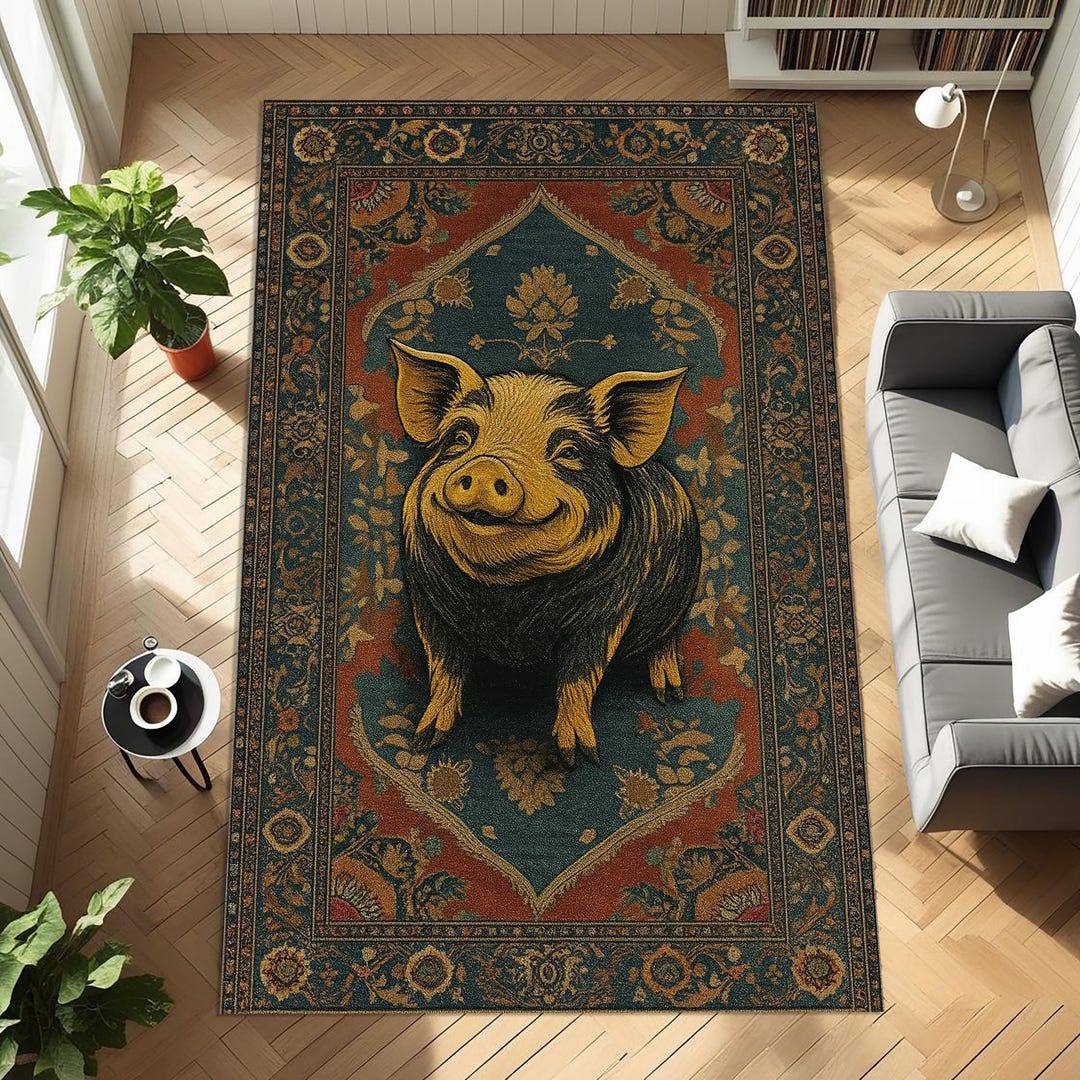 Vintage Pig Area Rug, Rustic Farmhouse Animal Carpet, Floral Folk Art ...