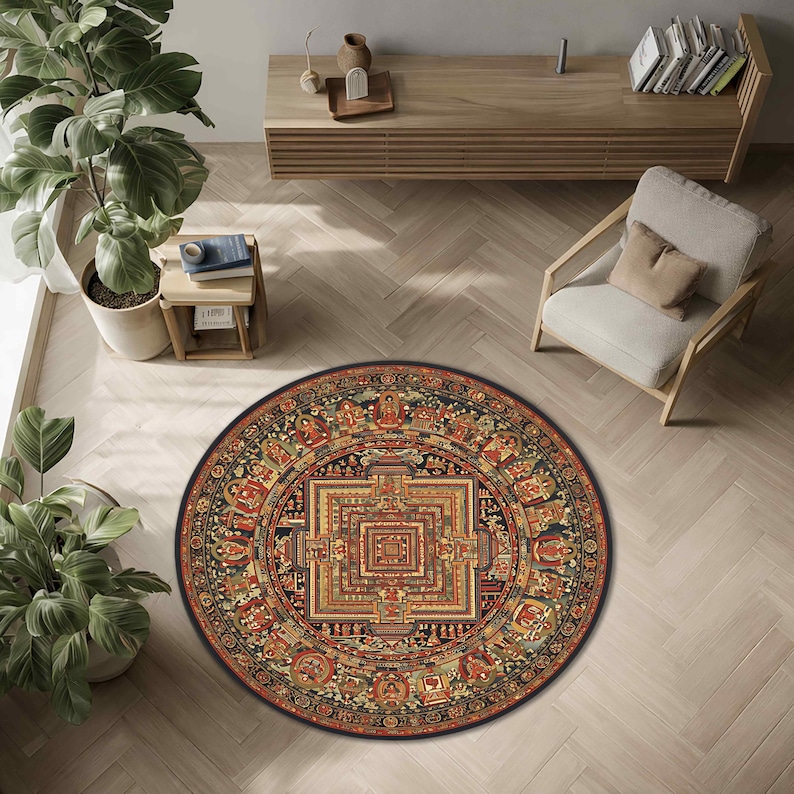 Mandala Temple Round Rug With Sacred Geometry and Deity Icons for ...