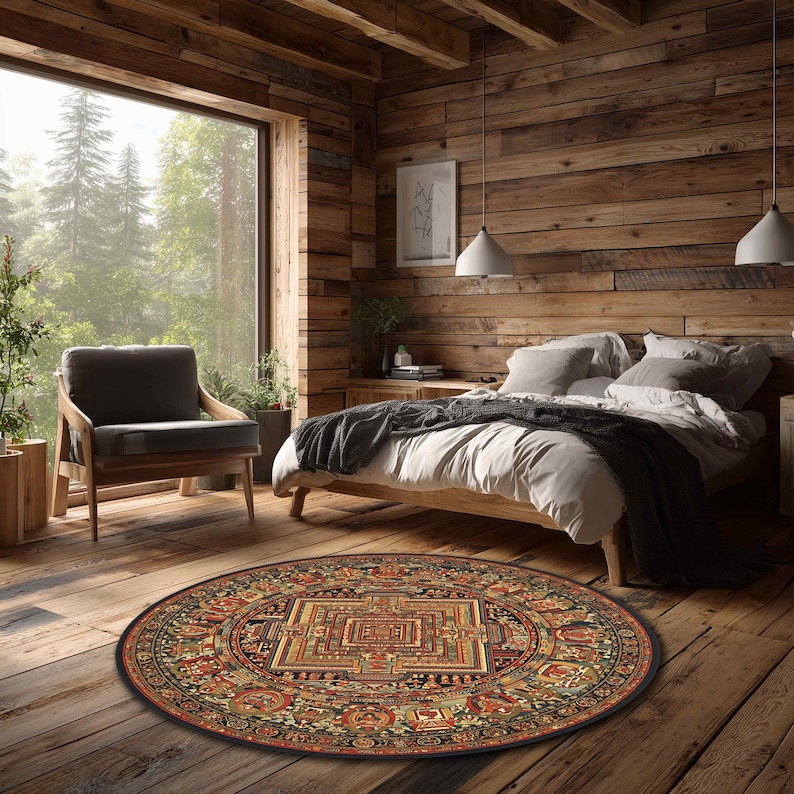 Mandala Temple Round Rug With Sacred Geometry and Deity Icons for ...
