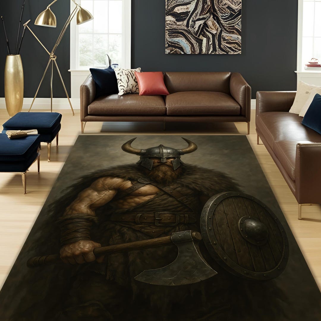Nordic Viking Warrior Rug With Axe and Shield, Dark Masculine Wall ...