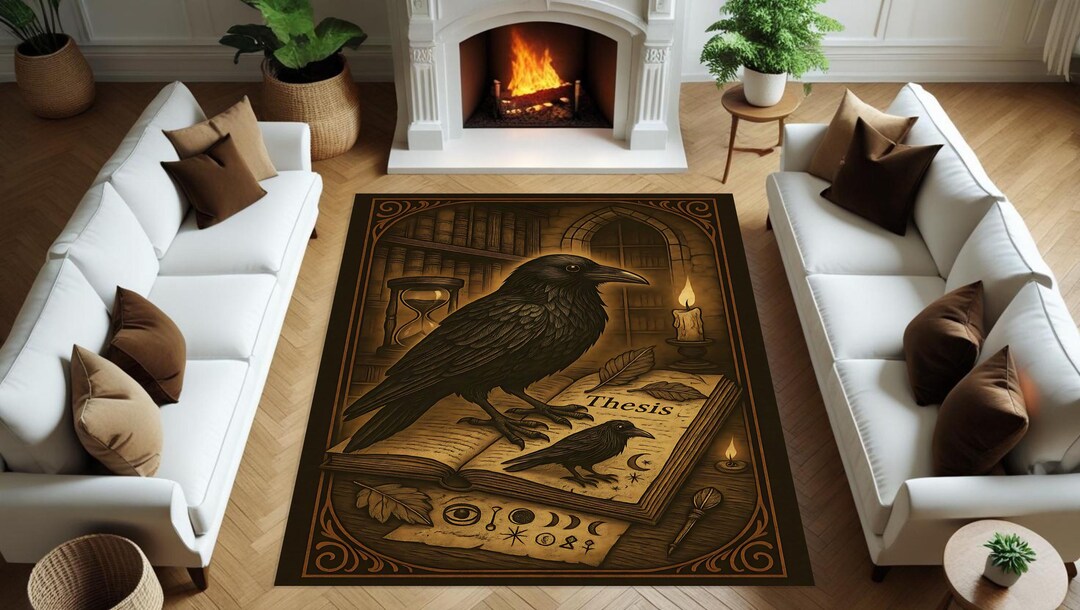Occult Study Area Rug, Raven With Thesis Book and Candle in Gothic ...