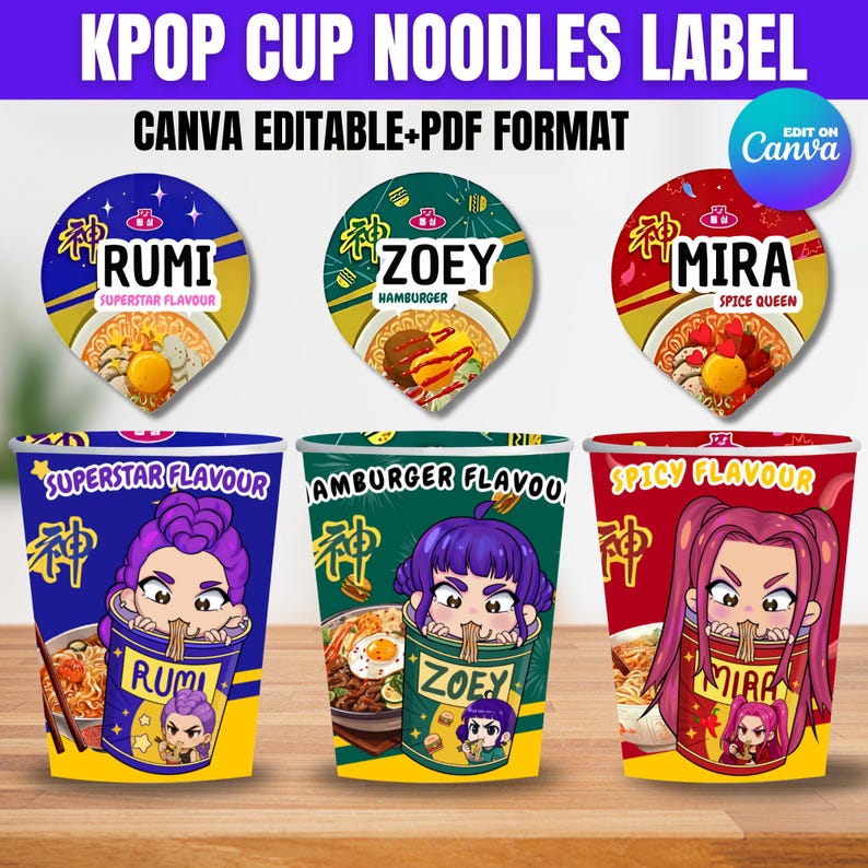Kpop Demon Hunters, Canva Editable Cup Noodle Labels Ramyeon, Cosplay ...