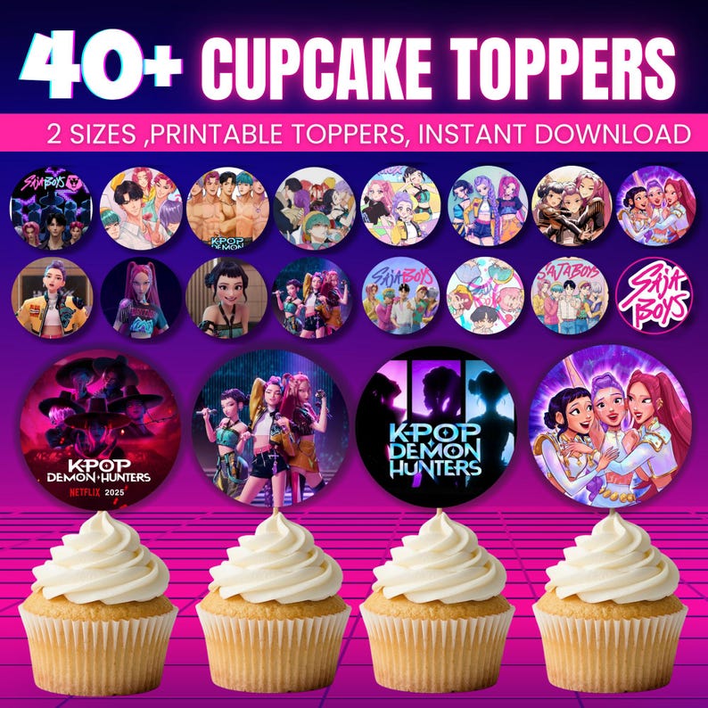 40+ K-pop Demon Hunter Cupcake Toppers, Huntrix Birthday Party Decor ...